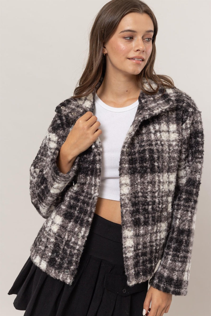 HYFVE Plaid Collared Neck Boucle Jacket with Pockets – Charming Charlie