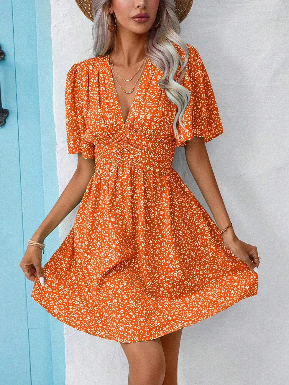 Printed V-Neck Half Sleeve Mini Dress – Charming Charlie