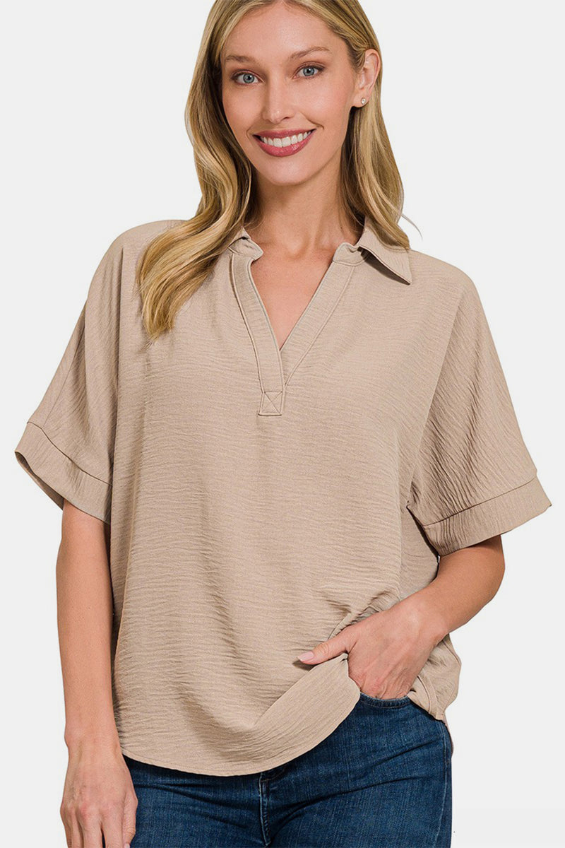 Zenana Texture Collared Neck Short Sleeve Top – Charming Charlie