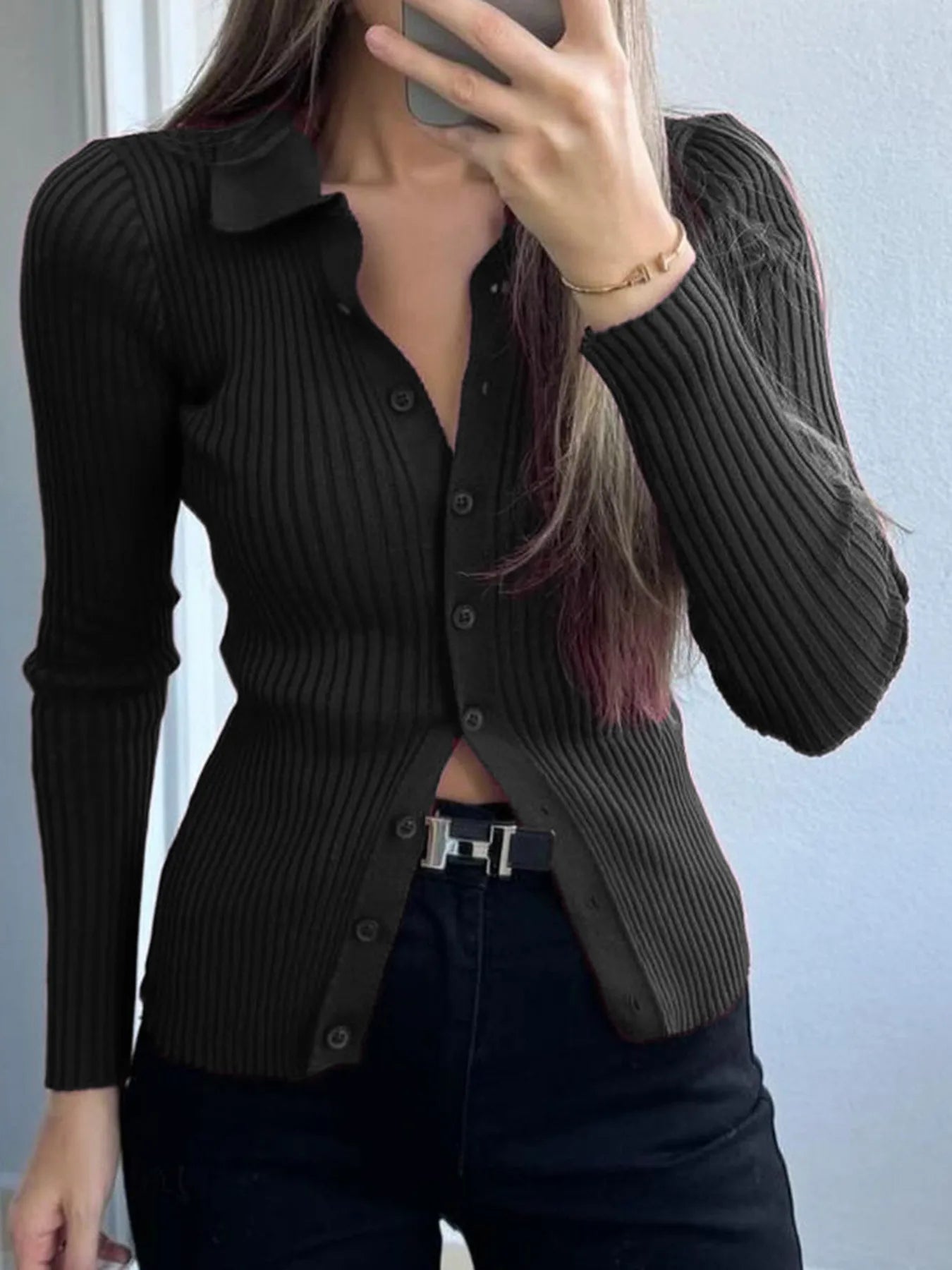 Ribbed Button-Front Long Sleeve Cardigan – Charming Charlie