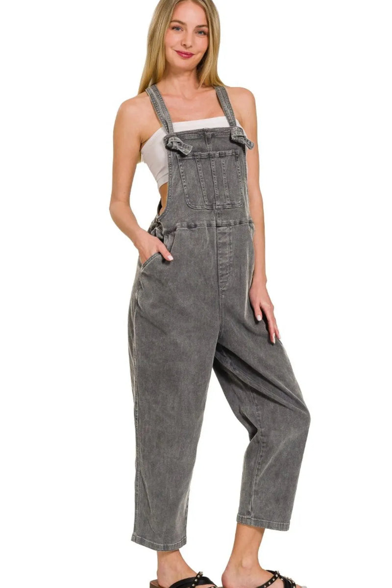 Zenana Washed Knot Strap Relaxed Fit Overalls – Charming Charlie