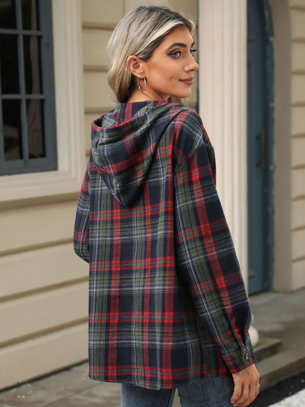 Drawstring Plaid Hooded Long Sleeve Top – Charming Charlie