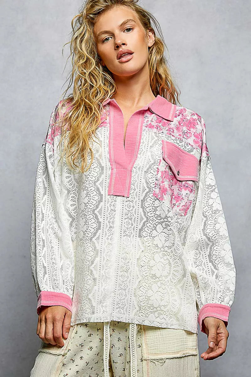 POL Floral Print Long Sleeve Lace Shirt with Front Pocket – Charming ...