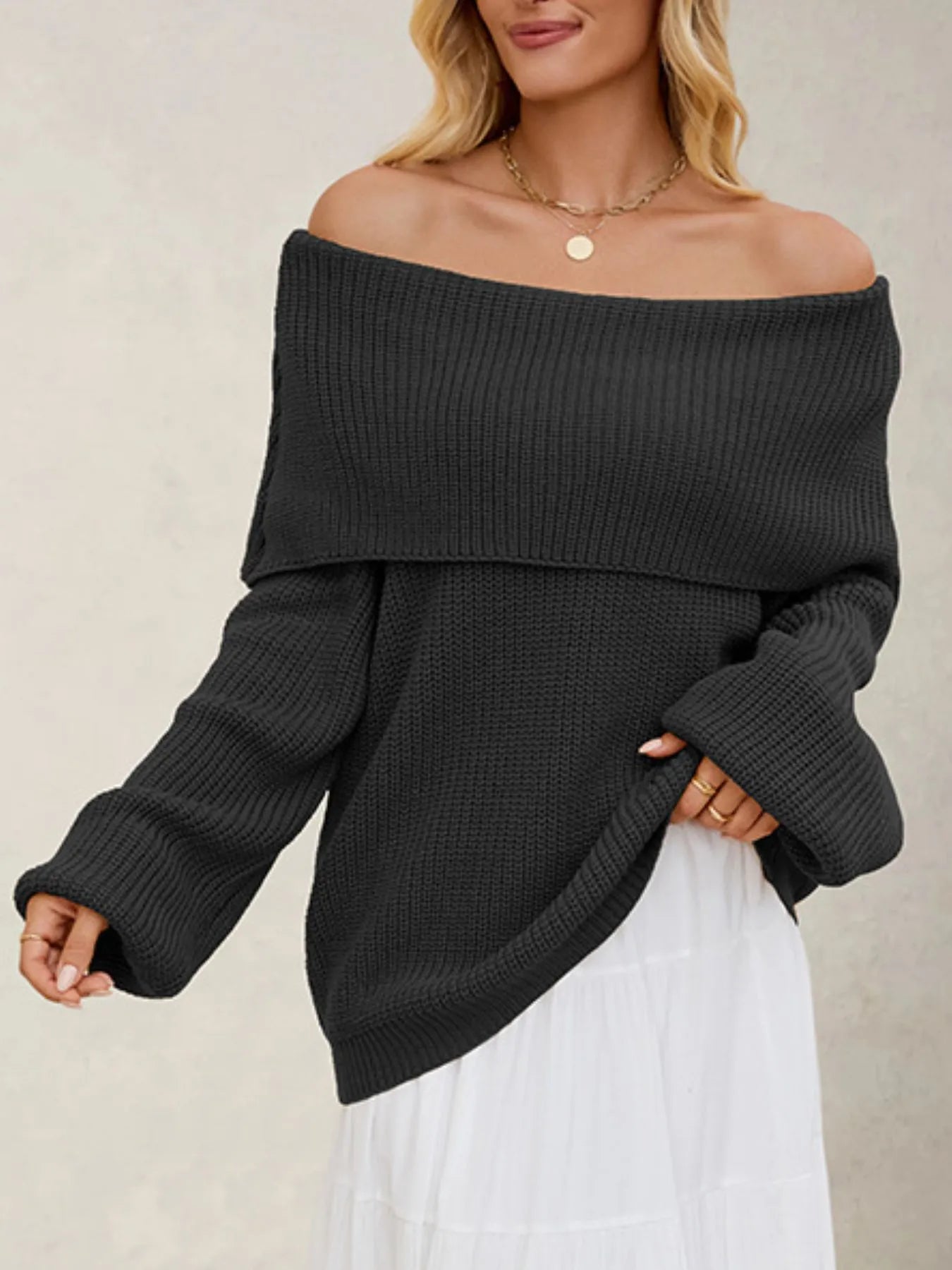 Fold-Over Collar Long Sleeve Sweater – Charming Charlie