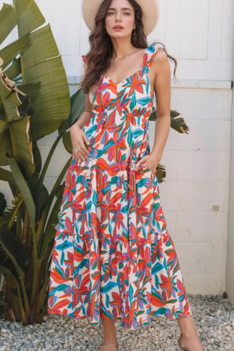 Floral Ruffled Strap V Neck Maxi Dress – Charming Charlie