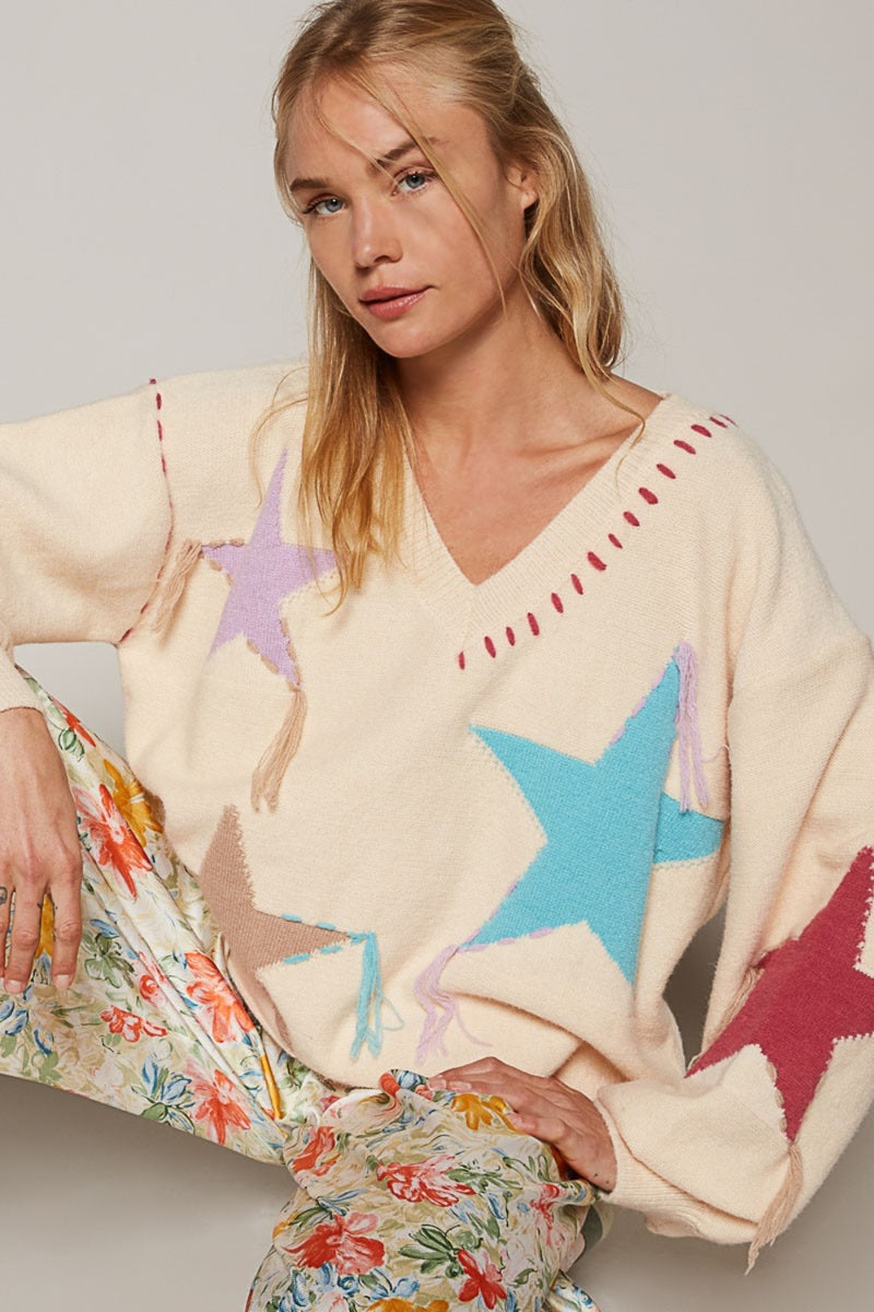 POL V-Neck Long Sleeve Star Fringe Sweater – Charming Charlie