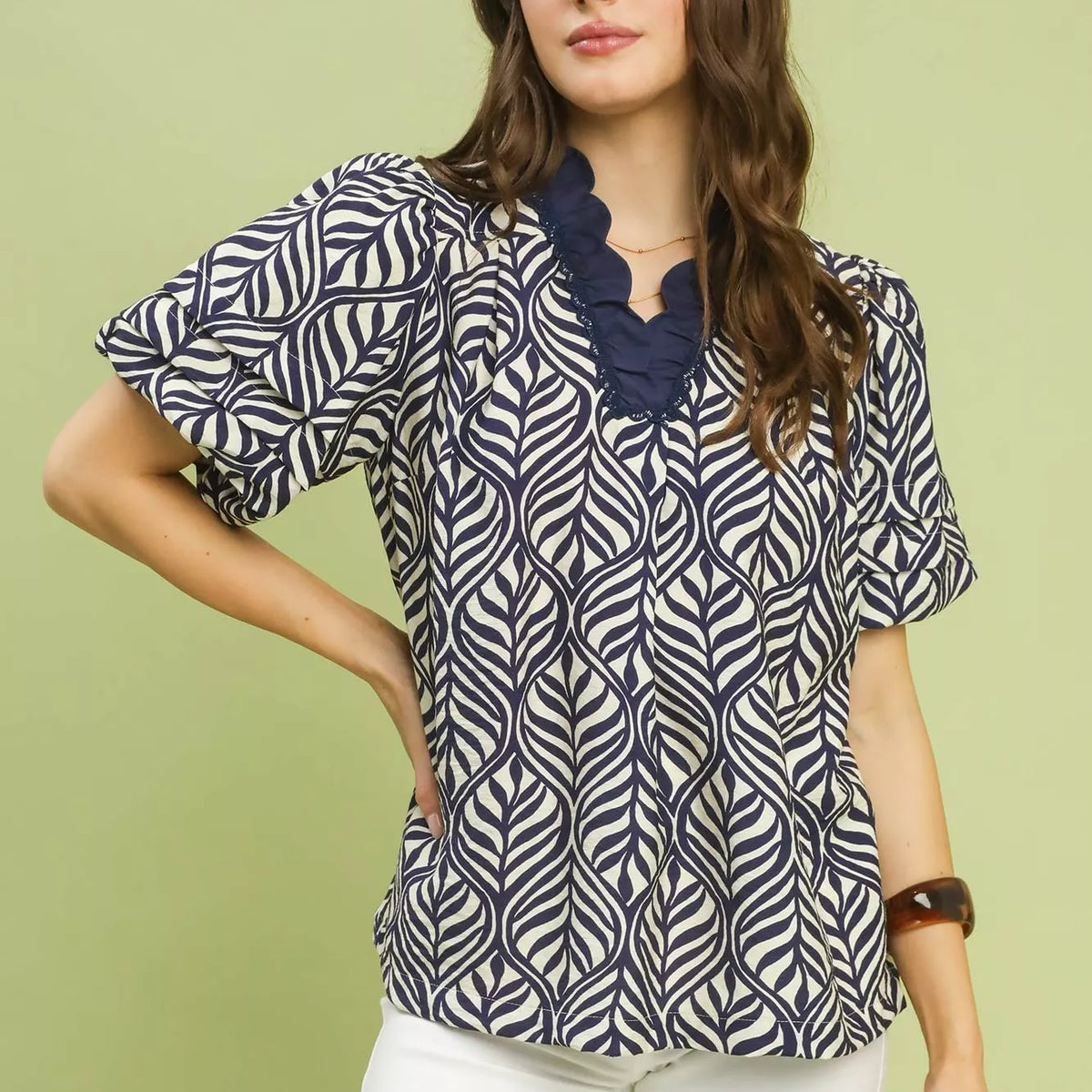 Umgee Printed Puff Sleeve Ruffle Neck Top – Charming Charlie