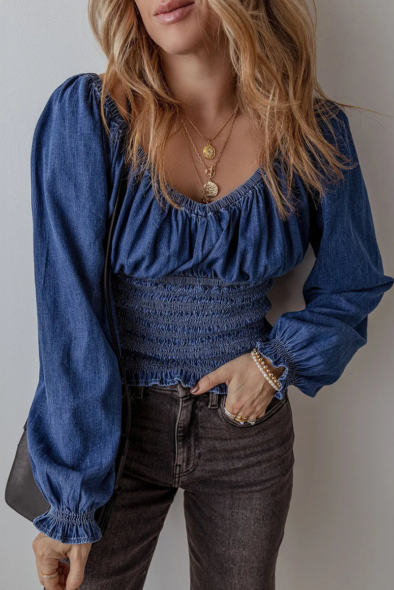 Smocked Long Sleeve Denim Top – Charming Charlie
