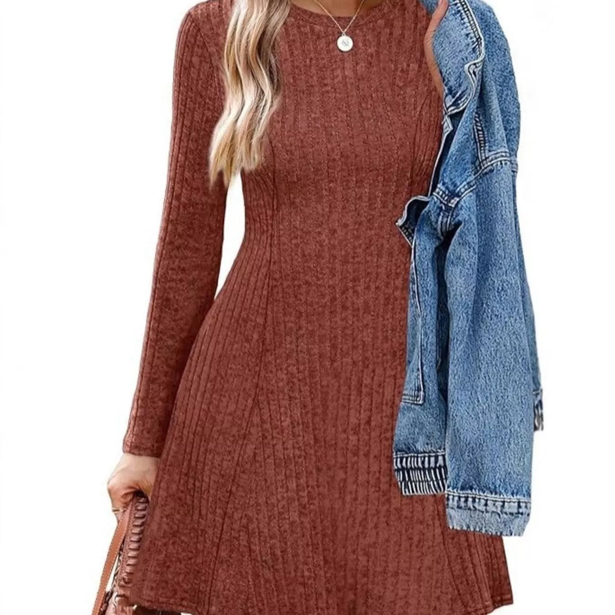 Ribbed Knit Long Sleeve A-Line Dress – Charming Charlie