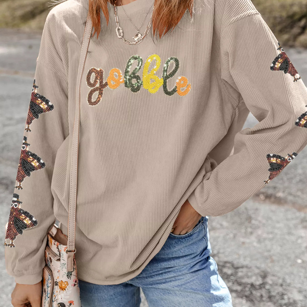 Gobble Corded Ribbed Thanksgiving Turkey Sequin Patched Sleeve Sweatsh ...
