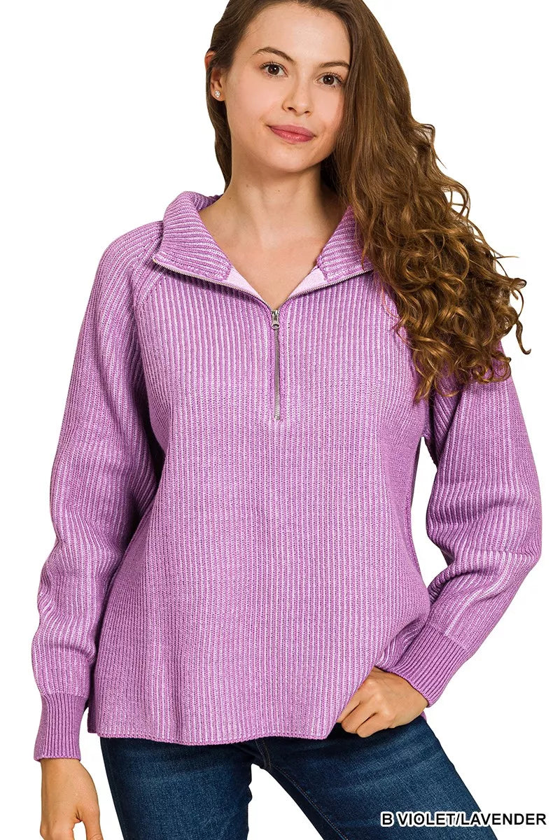 Zenana Ribbed Two Tone Half Zip Sweater – Charming Charlie