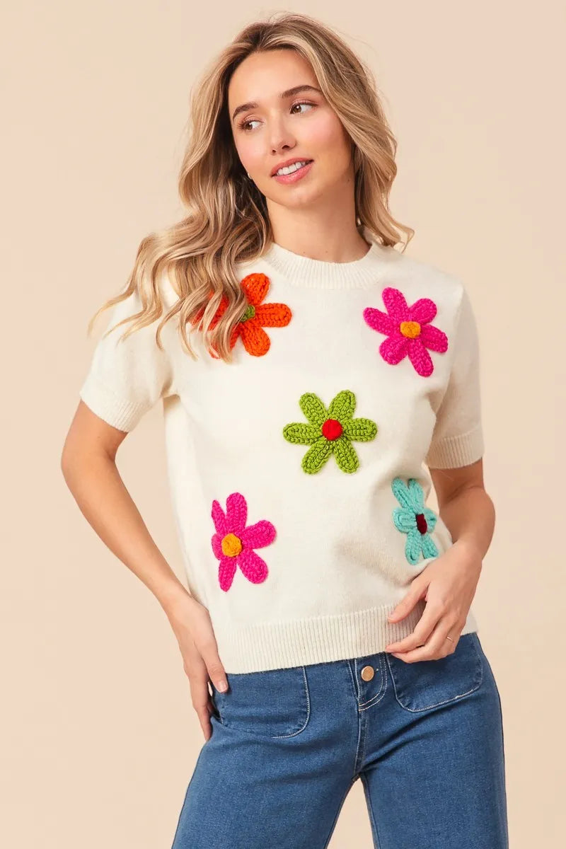 BiBi Crochet Flower Patch Sweater Top – Charming Charlie