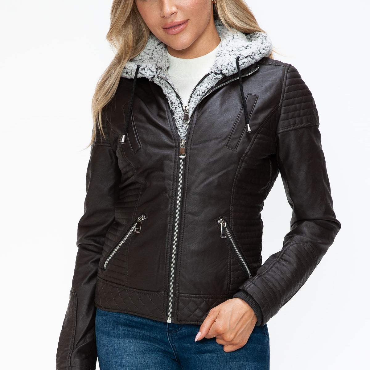YMI Faux Layered Double-Zipper Jacket with Fuzzy Hood – Charming Charlie