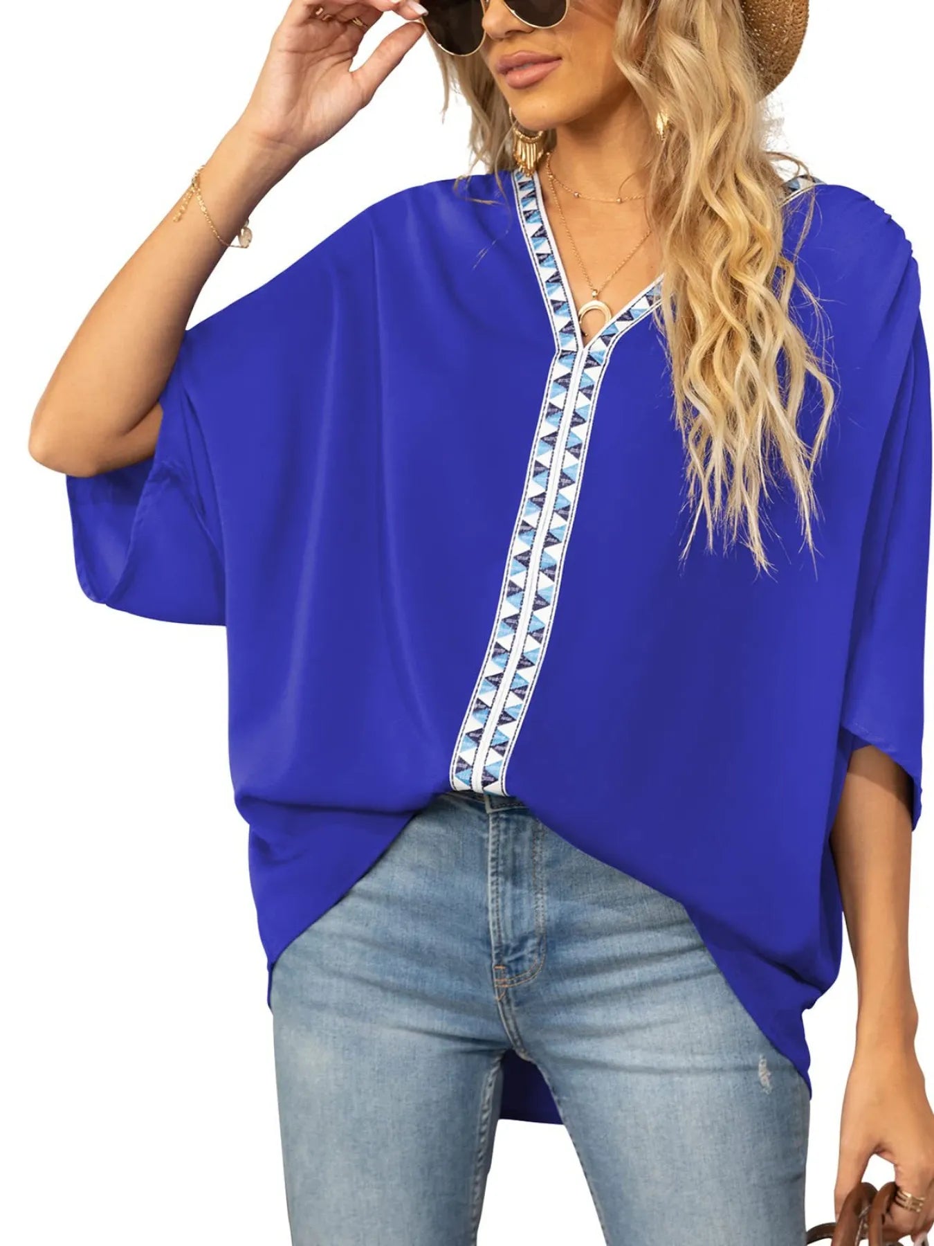 Printed Trim V-Neck Batwing Sleeve Blouse – Charming Charlie