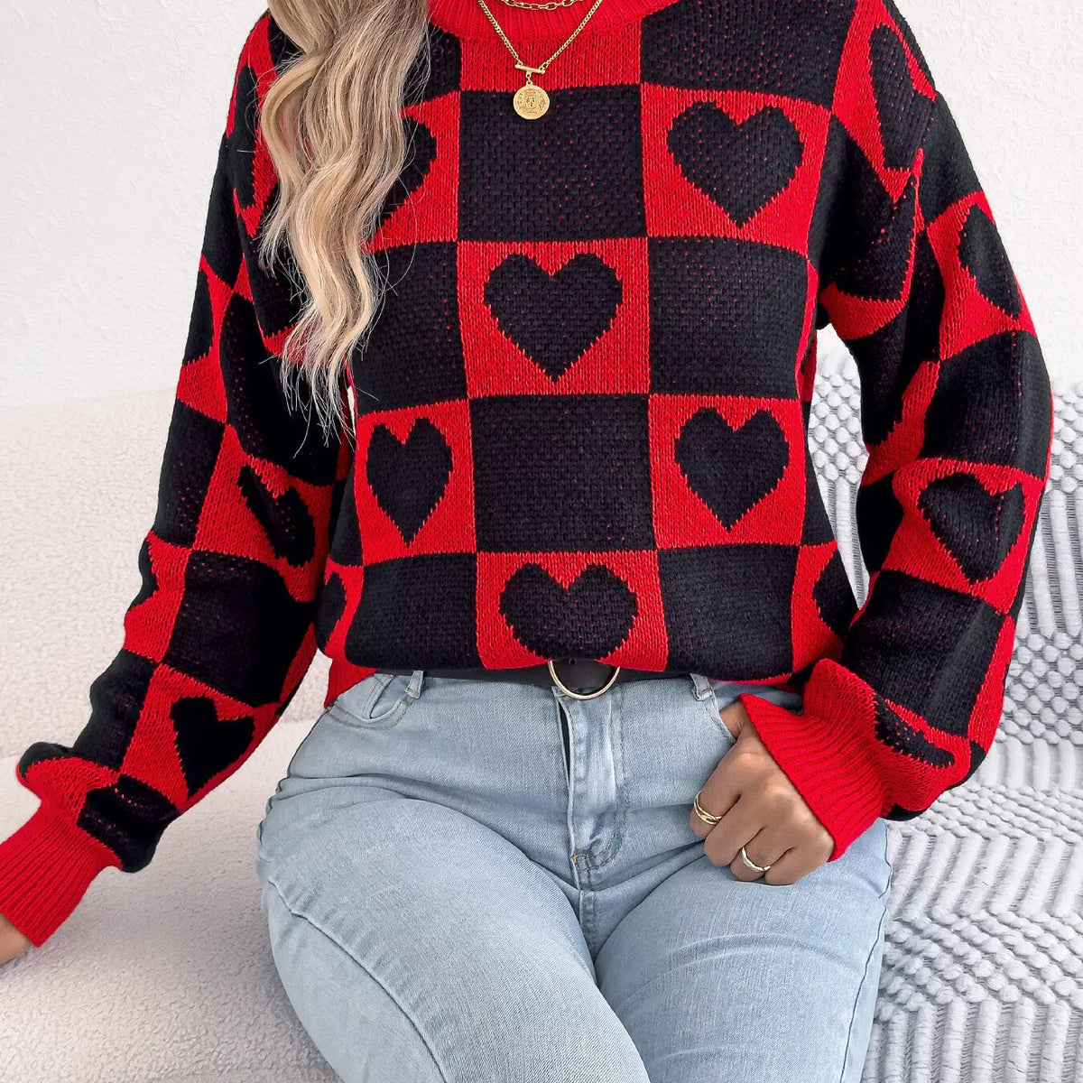 Heart Checkerboard Pattern Round Neck Sweater – Charming Charlie