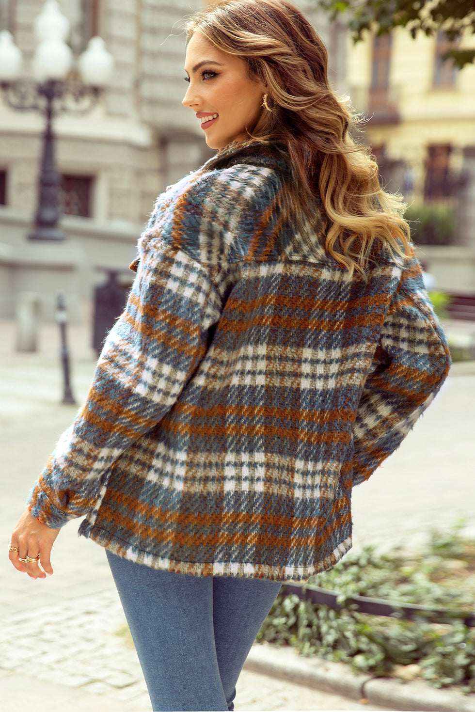 Plaid Collared Neck Jacket with Chest Pockets – Charming Charlie