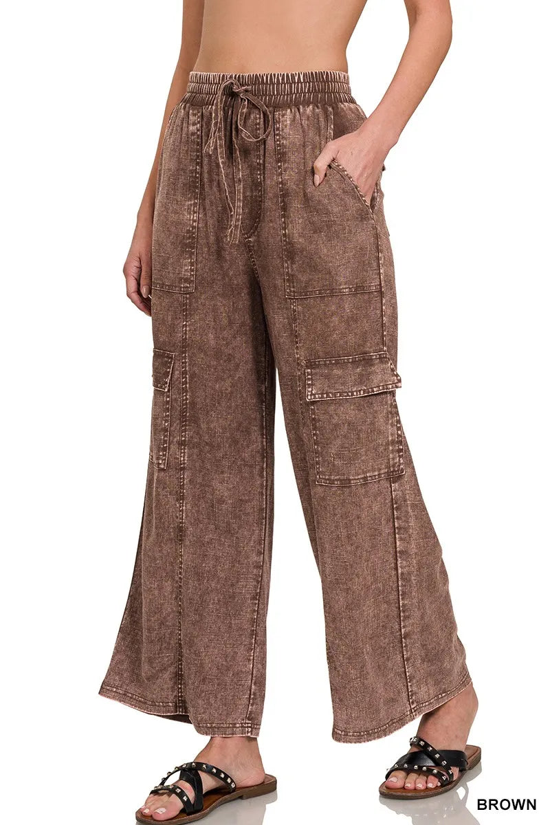 Zenana Washed Linen Elastic Band Waist Cargo Pants – Charming Charlie