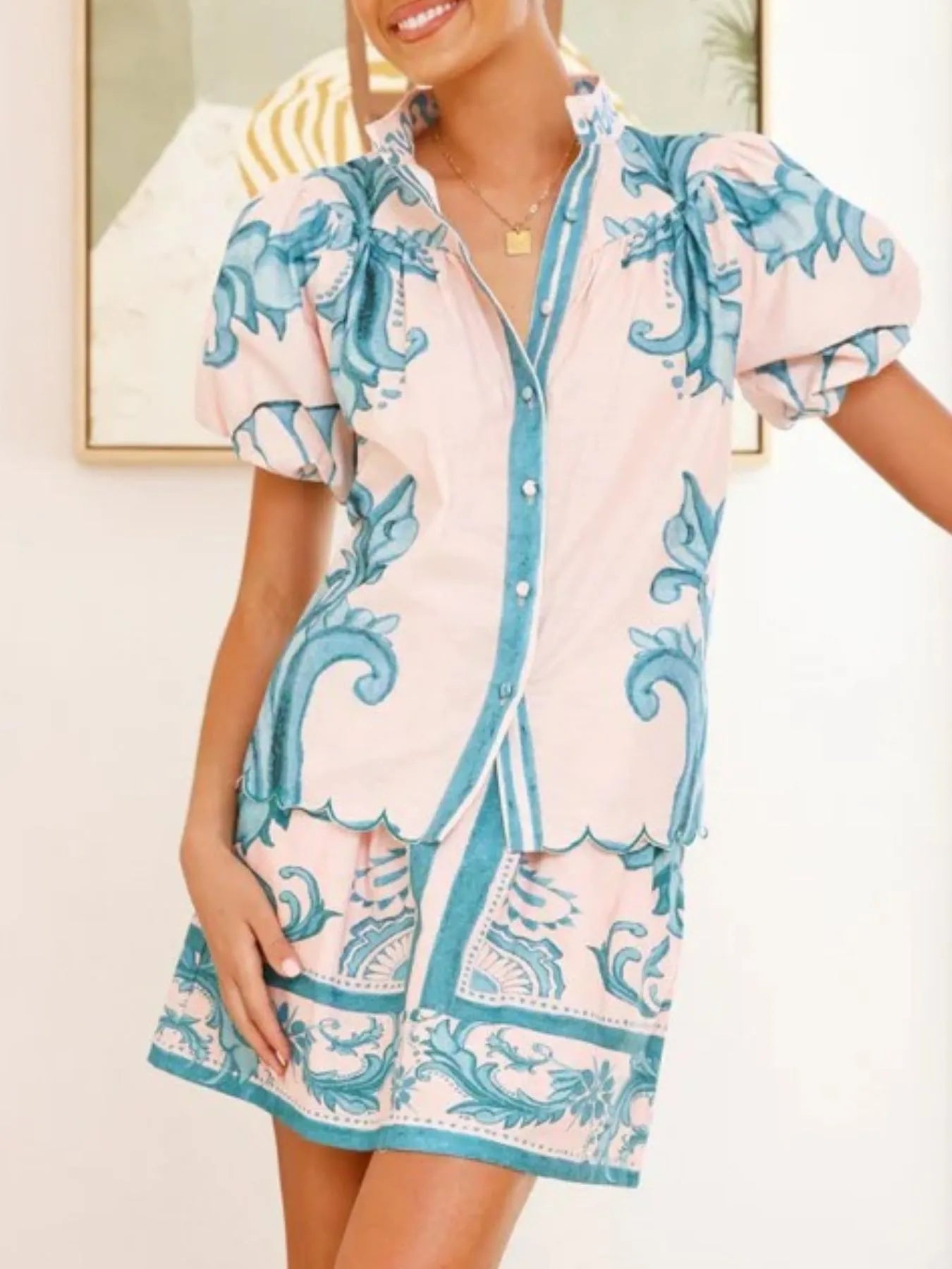 Printed Puff Sleeve Top and Skirt Set – Charming Charlie
