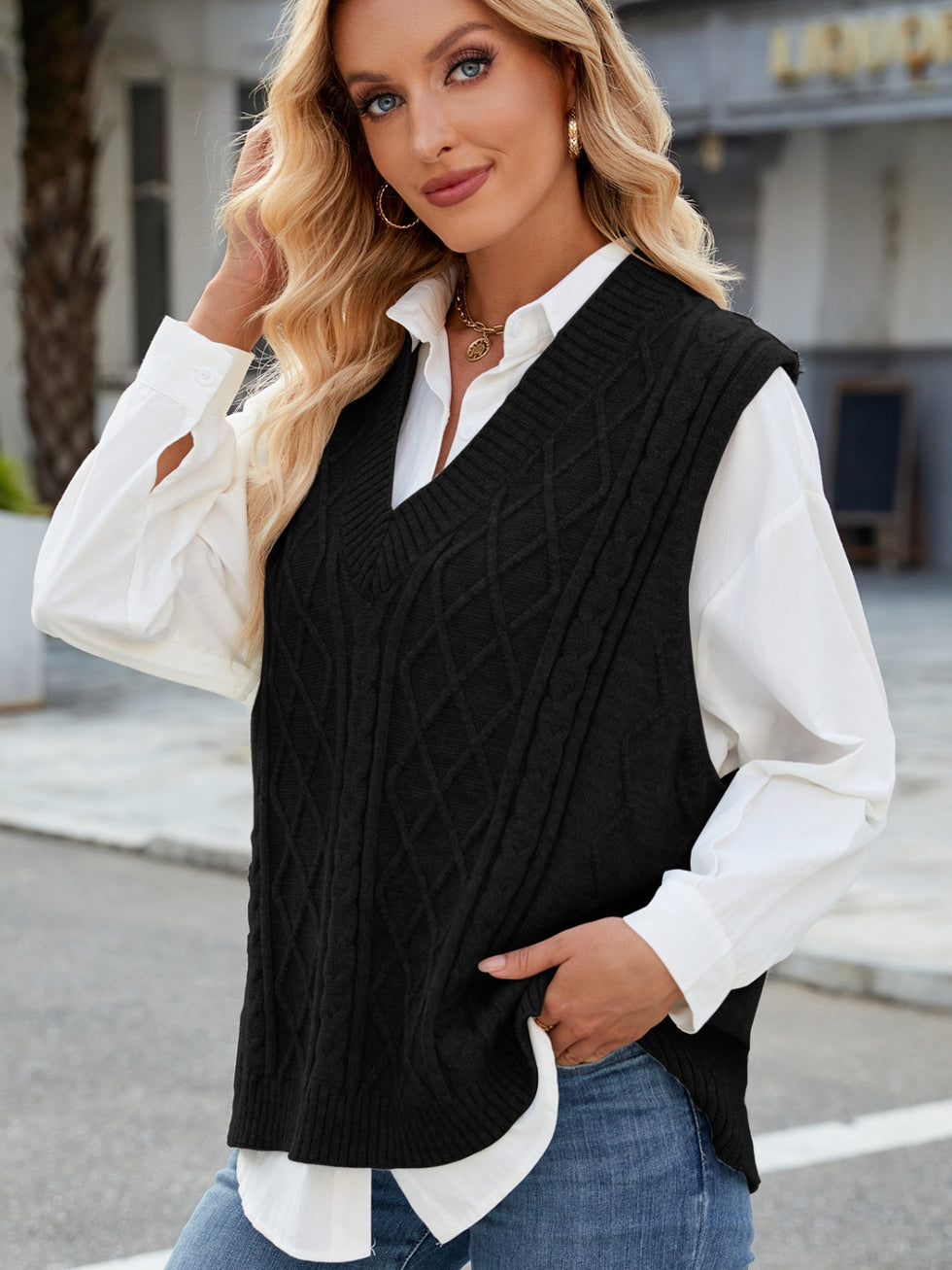 Cable Knit V-Neck Sweater Vest – Charming Charlie