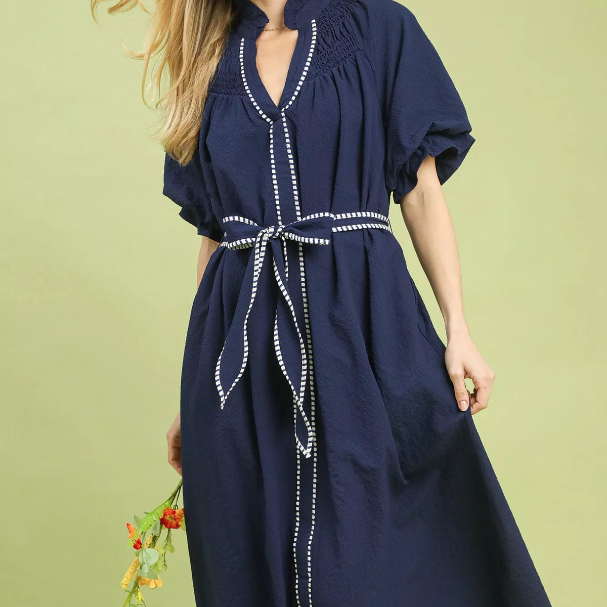Umgee Ruffle Collar Midi Dress with Stripe Trim – Charming Charlie