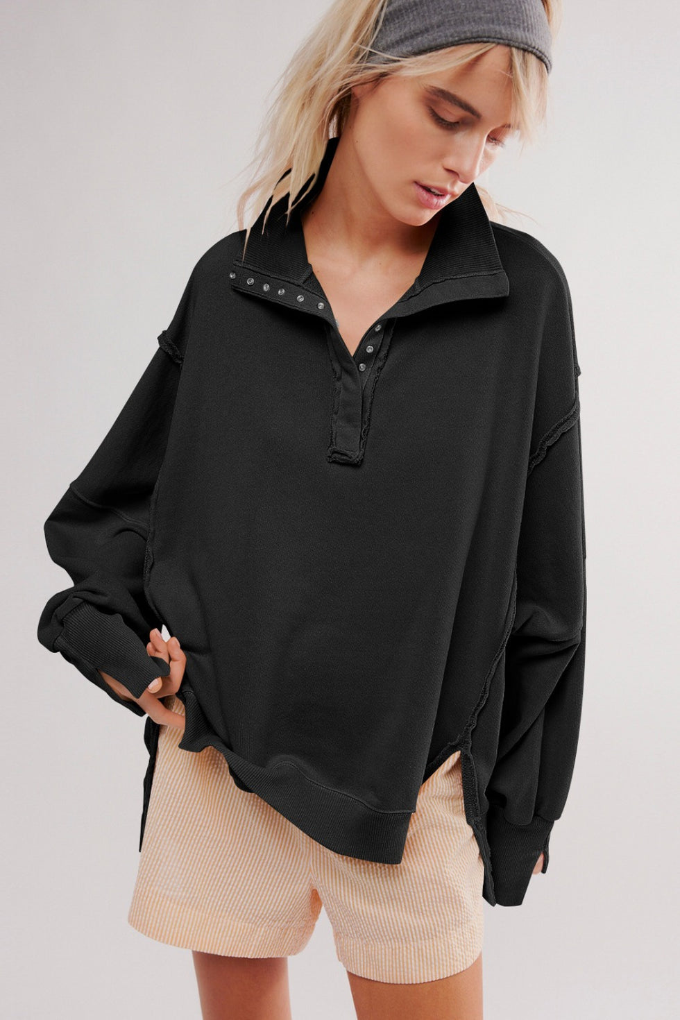 Exposed Seam Side Slit Long Sleeve Sweatshirt – Charming Charlie