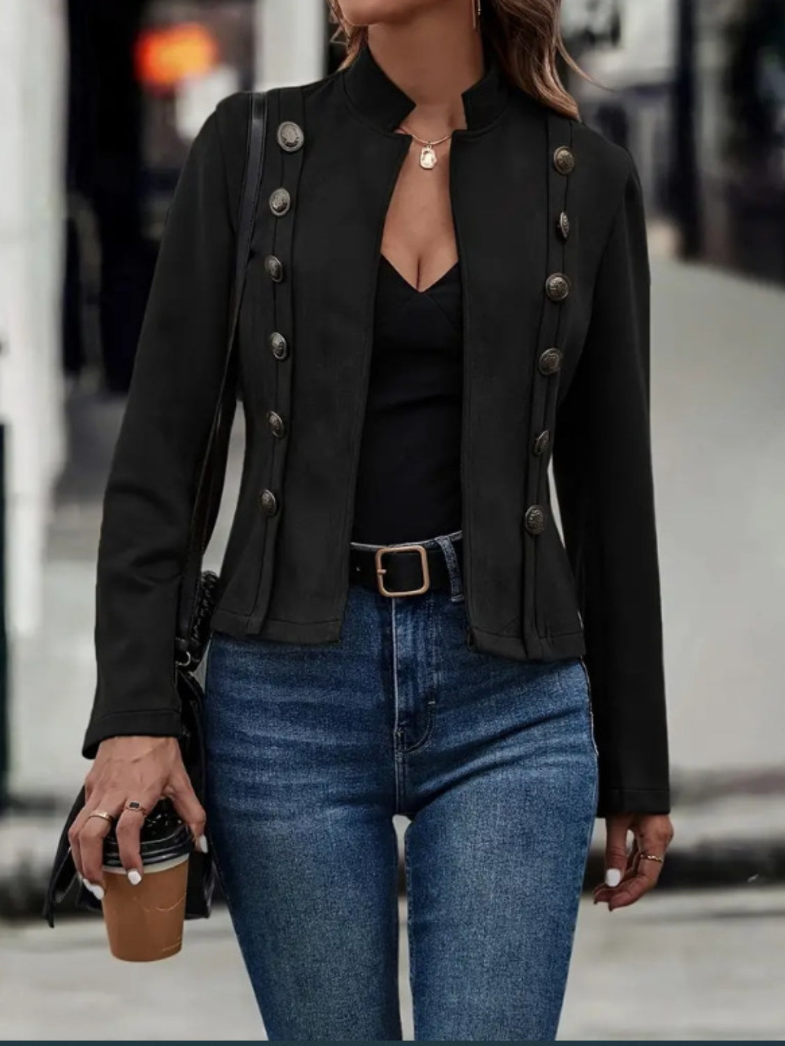 Decorative Button Open Front Long Sleeve Jacket – Charming Charlie