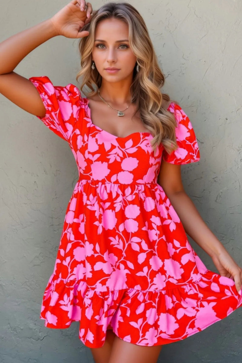 Floral Puff Sleeve Sweetheart Neck Ruffled Mini Dress – Charming Charlie