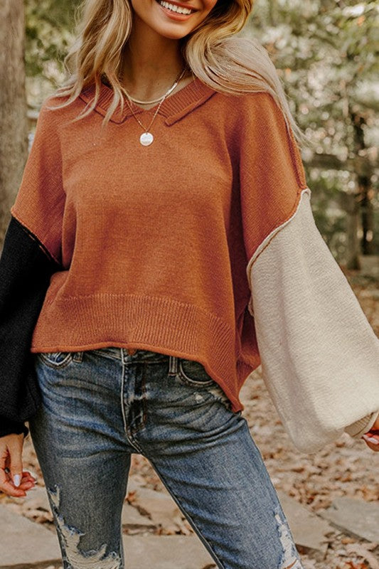 Colorblock Raw Edge Bubble Sleeve V-Neck Sweater – Charming Charlie