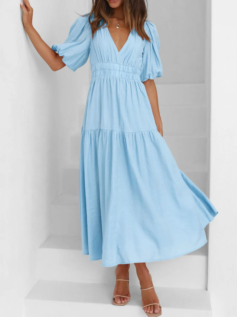 V-Neck Puff Sleeve Midi Dress – Charming Charlie
