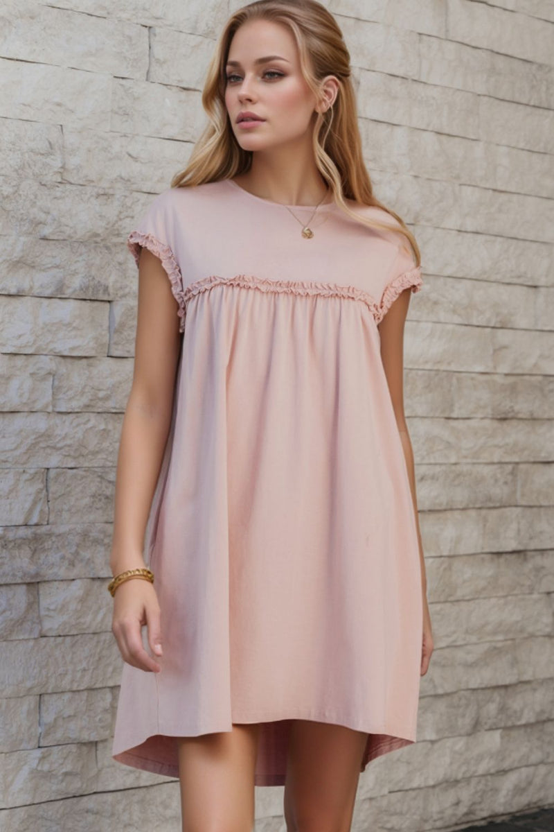 Frilled Trim Crew Neck Cap Sleeve Loose Fit Mini Dress – Charming Charlie