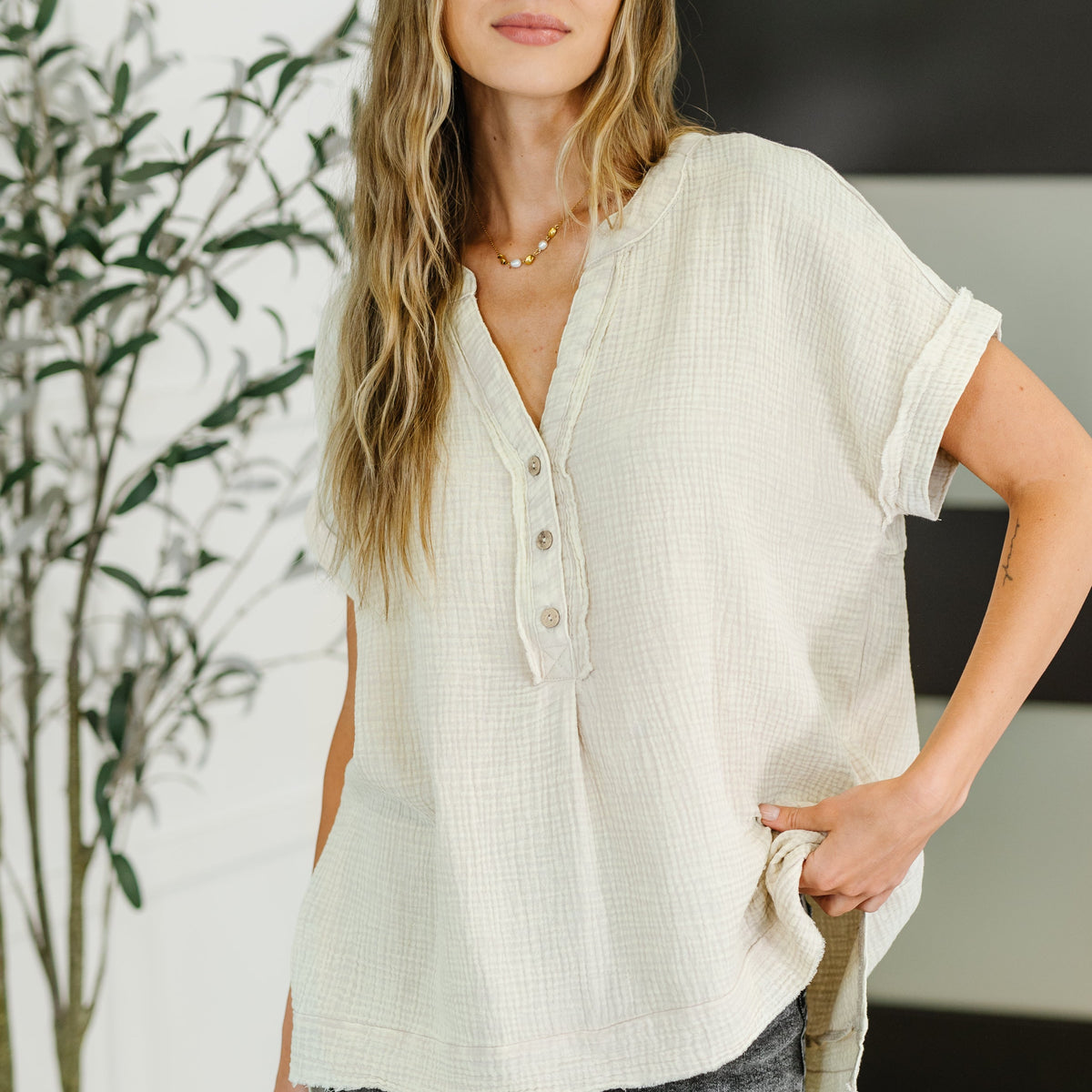 Basic Fade V-Neck Acid Wash Top in Sand Beige – Charming Charlie