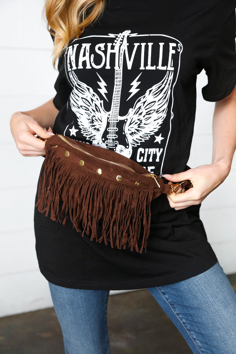 Brown Vegan Suede Sling Fringe Fanny Pack/Crossbody – Charming Charlie