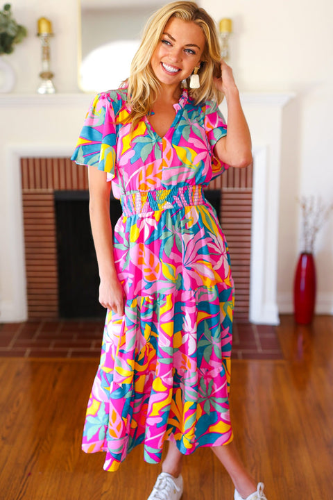 Tropical Trance Fuchsia Floral Smocked Waist Maxi Dress – Charming Charlie