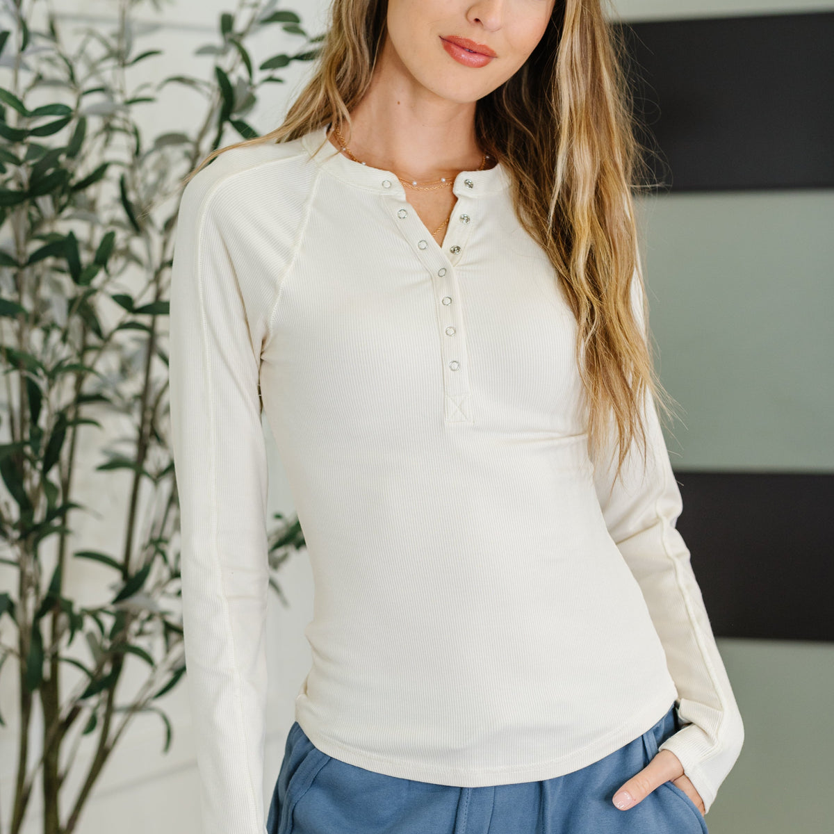 Effortless Edge Knit Henley Top in Natural – Charming Charlie
