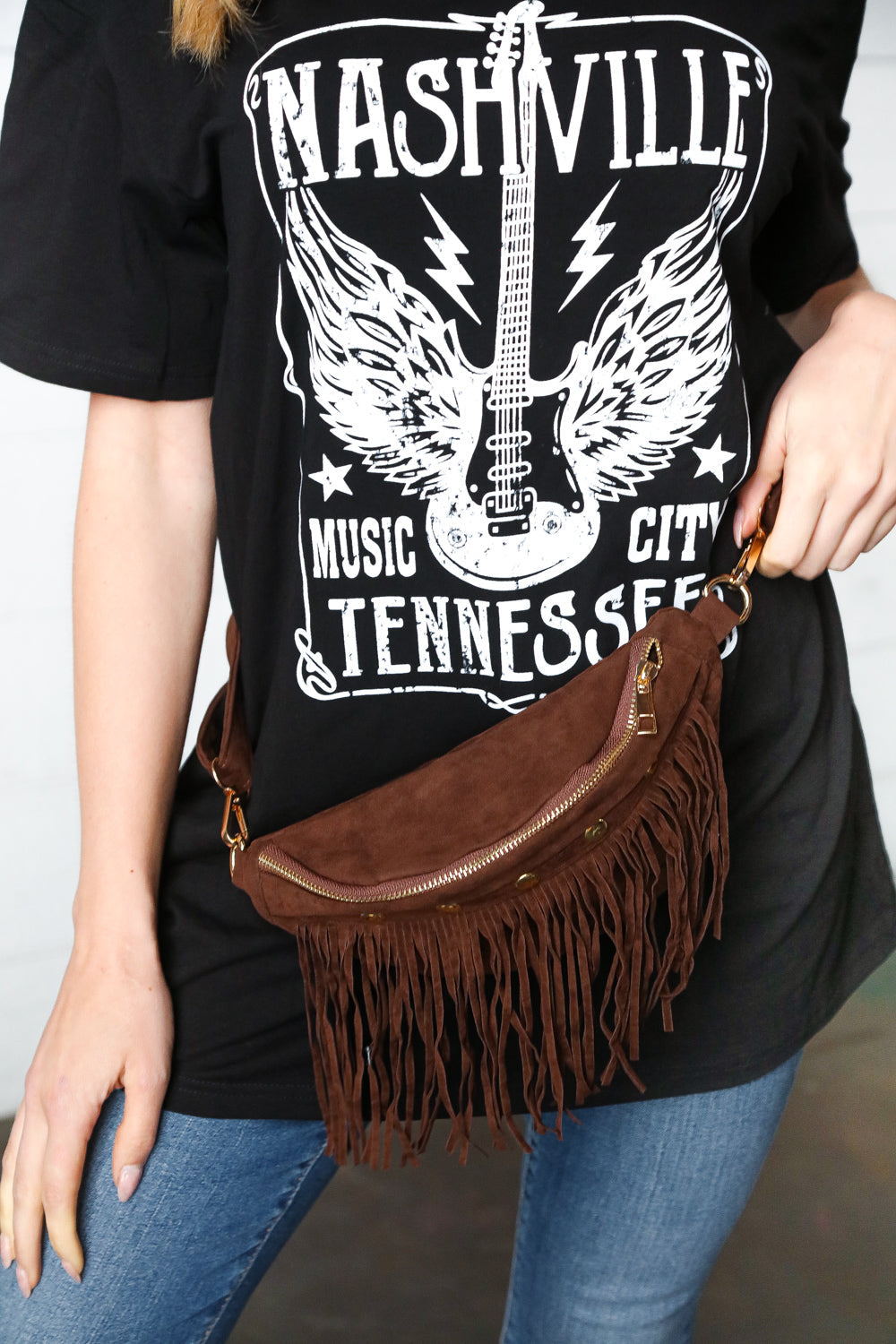 Brown Vegan Suede Sling Fringe Fanny Pack/Crossbody – Charming Charlie