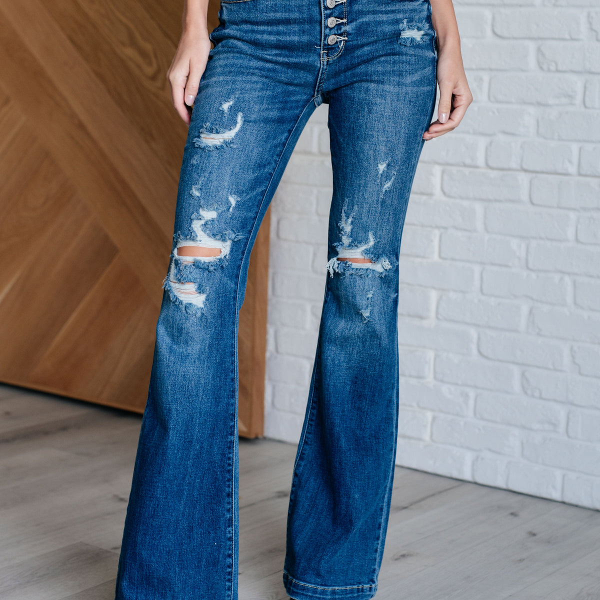 Gabriella Mid Rise Distressed Button Fly Flare – Charming Charlie
