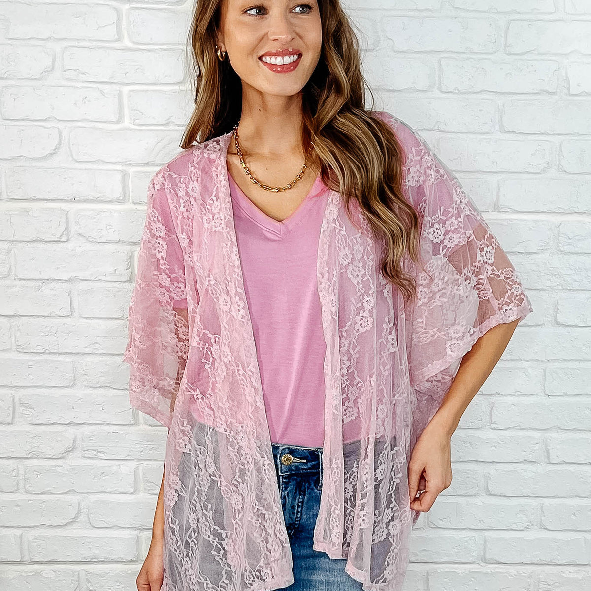 Good Days Ahead Lace Kimono In Mauve – Charming Charlie