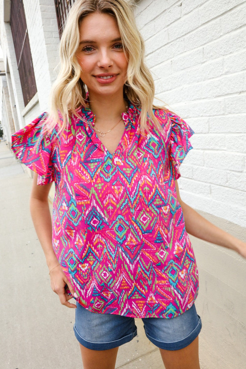 You Got This Fuchsia Abstract Print Notch Frill Neck Blouse – Charming ...