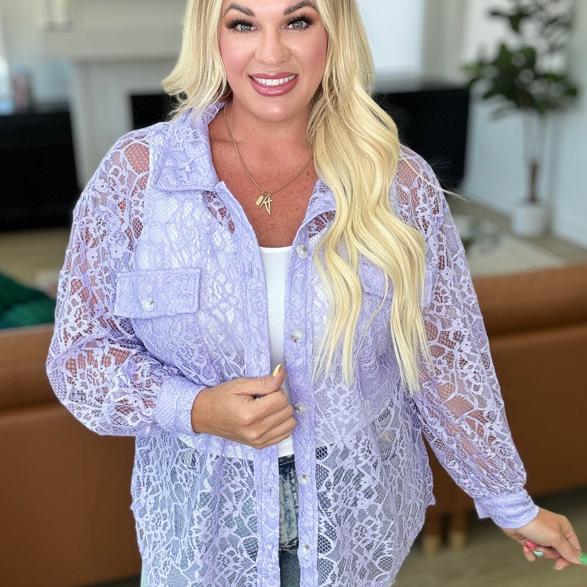 Stick Together Lace Button Up in Lavender – Charming Charlie