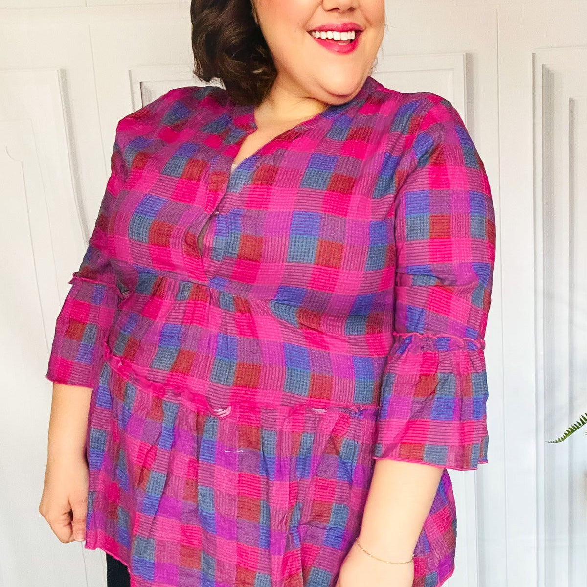 Back To Basics Fuchsia Plaid Notched Neck Babydoll Top – Charming Charlie