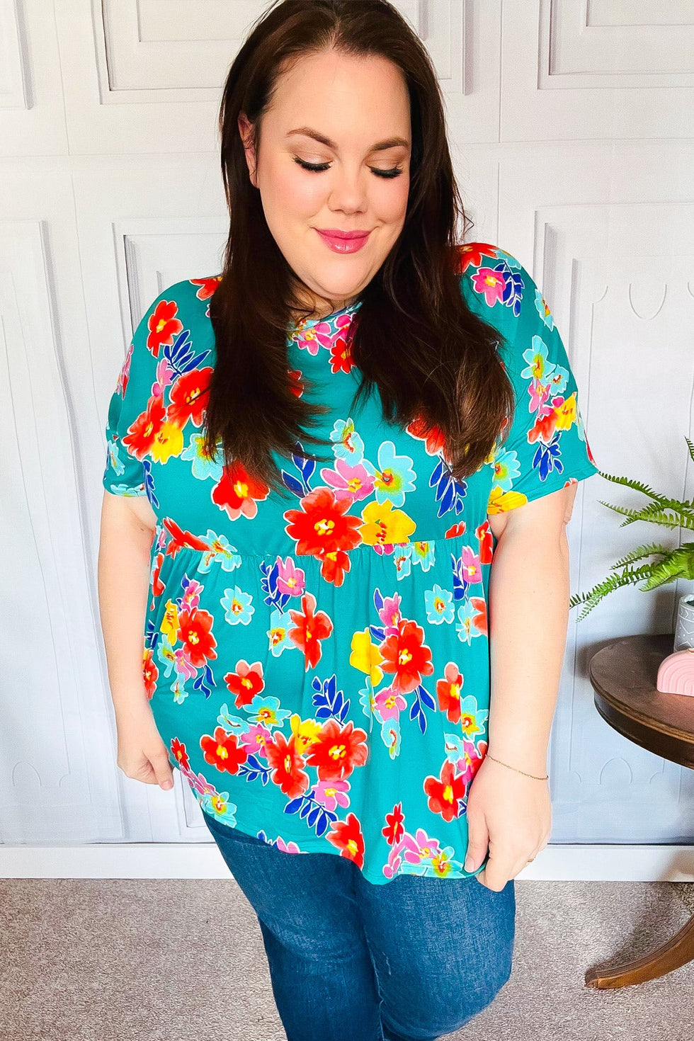 Take Me Away Teal Floral Drop Shoulder Babydoll Top – Charming Charlie