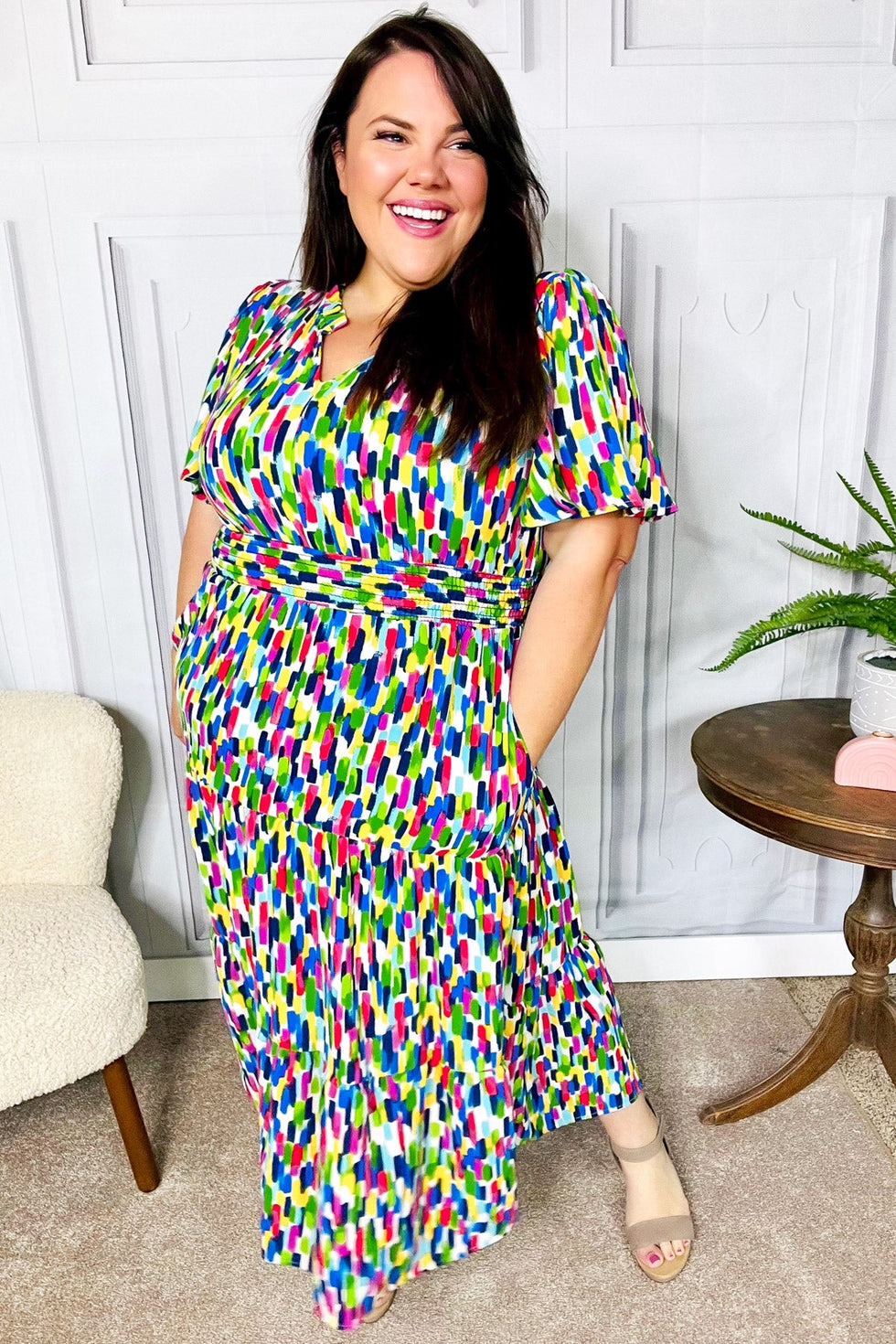 All For You Navy Multicolor Abstract Print Smocked Waist Maxi Dress ...