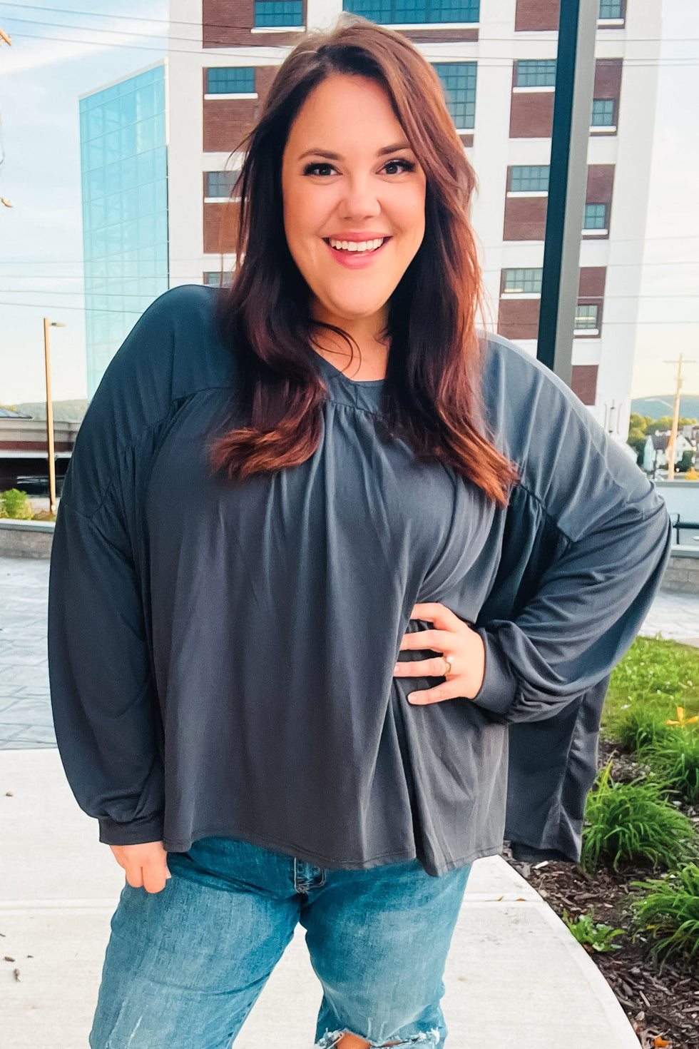 Casual Chic Charcoal V Neck Yoke Modal Knit Top – Charming Charlie