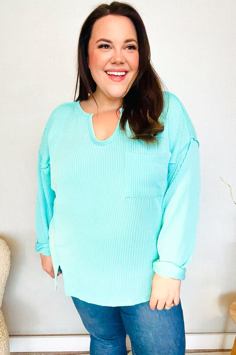 Eyes On You Seafoam Mineral Wash Rib Notch Neck Pocket Top – Charming ...