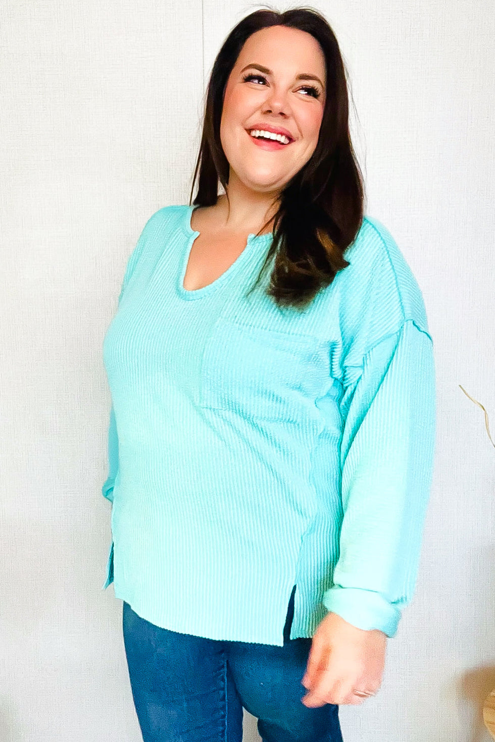 Eyes On You Seafoam Mineral Wash Rib Notch Neck Pocket Top – Charming ...