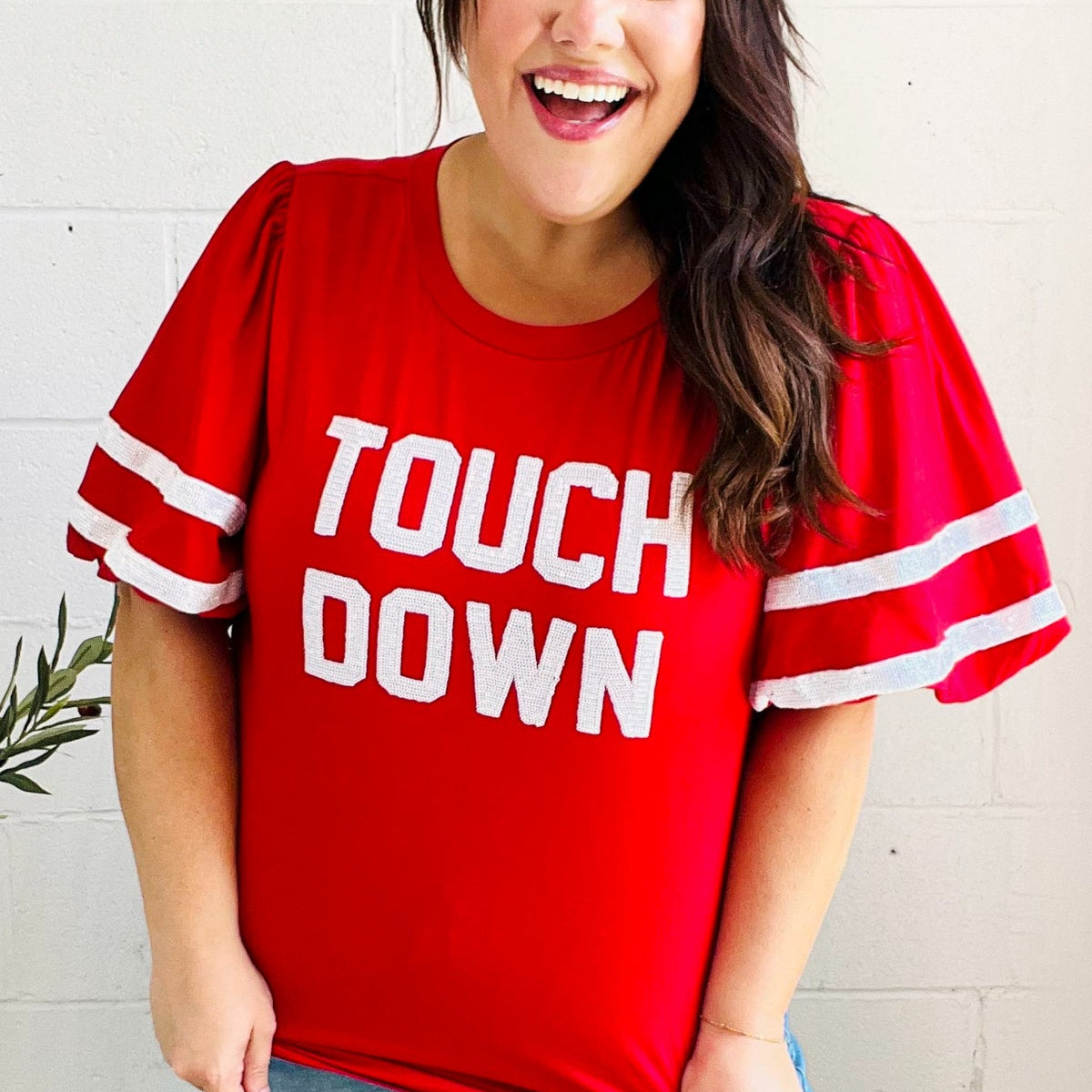 Stand Out Red "TOUCHDOWN" Sequin Bubble Sleeve Game Day Top – Charming ...