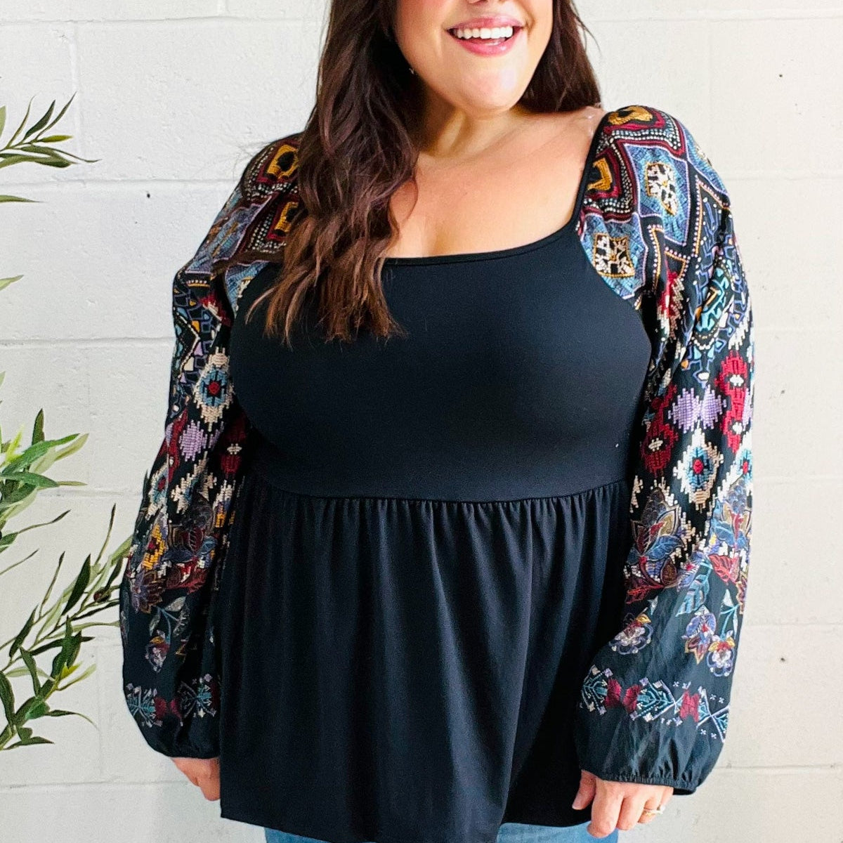 Charming Black Square Neck Border Print Bubble Sleeve Top – Charming ...