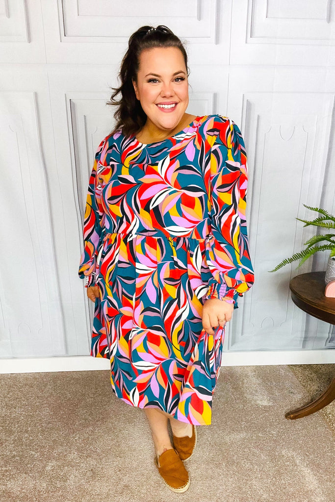 Perfectly You Teal Abstract Print Smocked Cuff Bubble Sleeve Dress – Charming Charlie