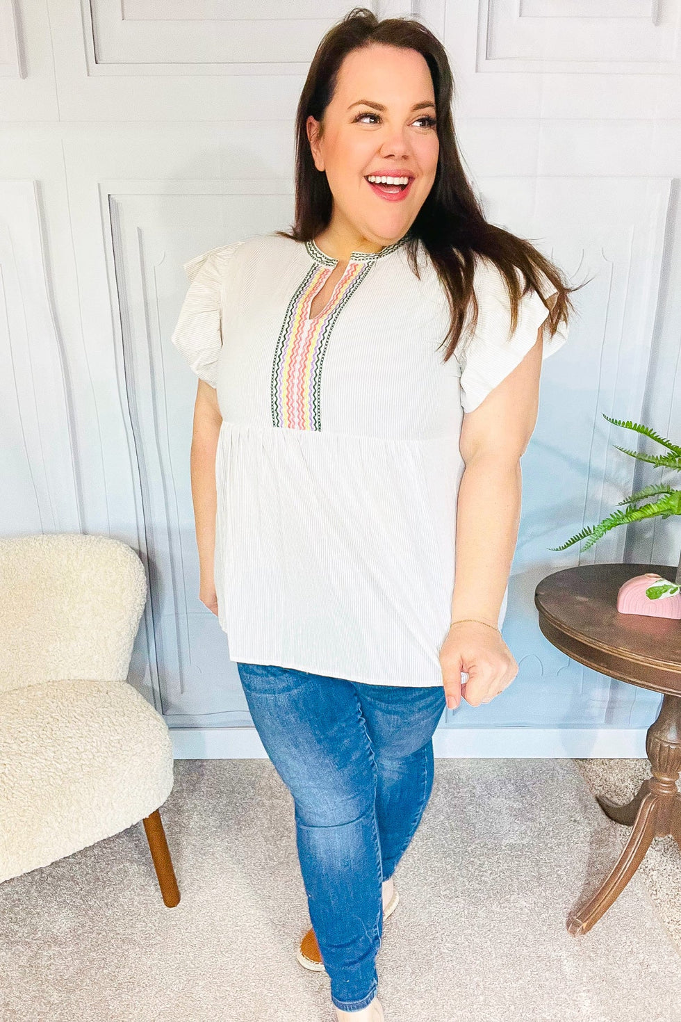 Weekend Ready Taupe Embroidered Notched Neck Babydoll Top – Charming ...