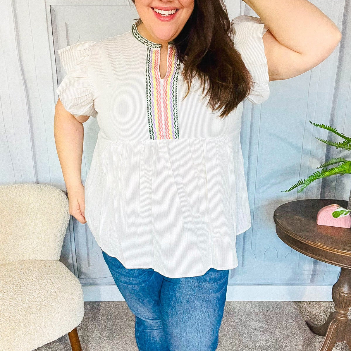 Weekend Ready Taupe Embroidered Notched Neck Babydoll Top – Charming ...